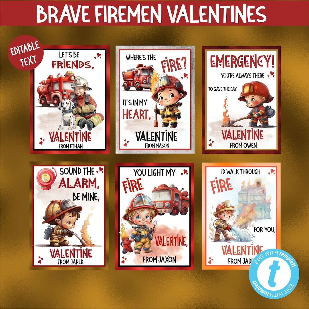 Editable BRAVE FIREMAN VALENTINE Templates-6 Different Designs ...