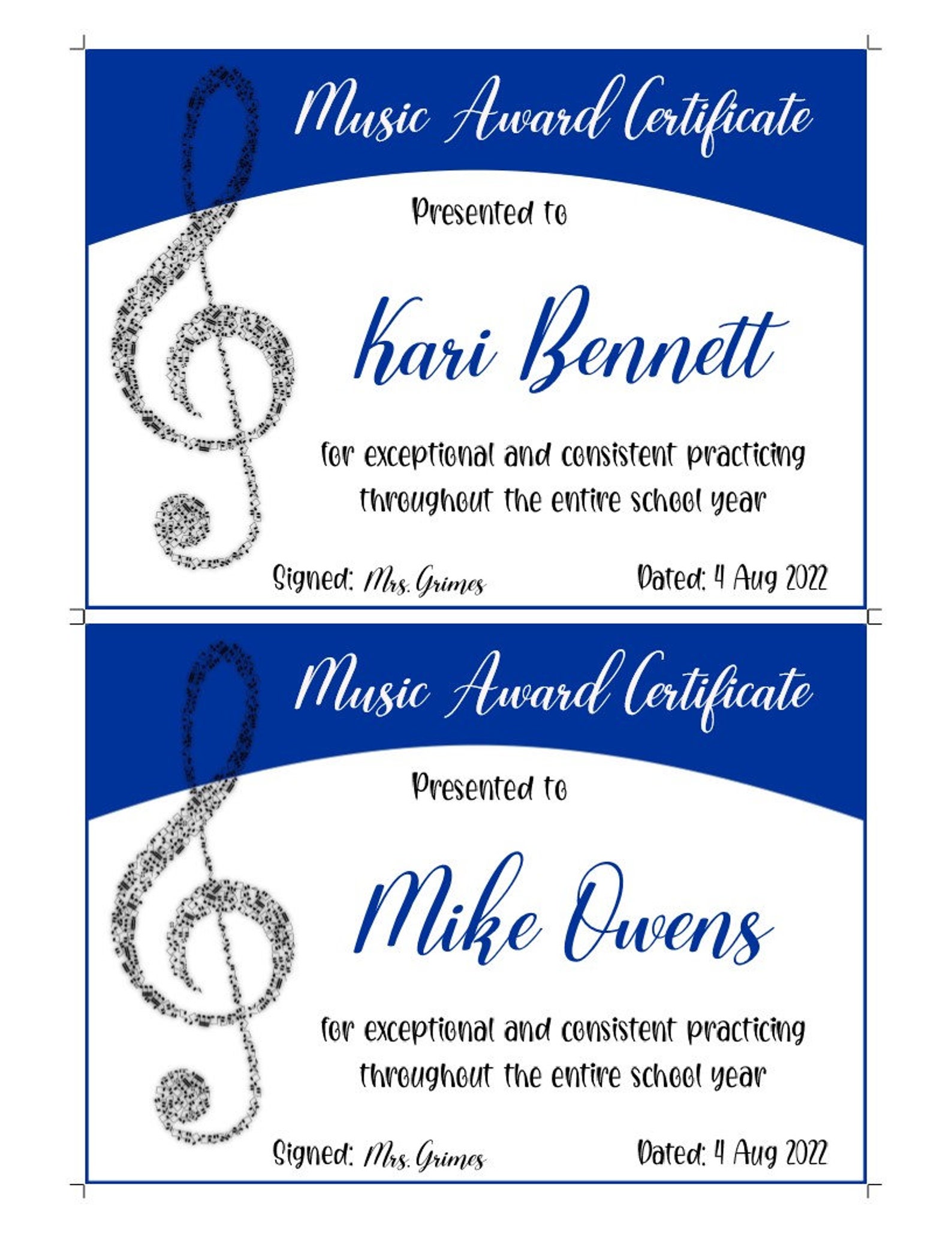 TREBLE CLEF MUSIC Award Certificate-unique Clef Sign Highlights This ...
