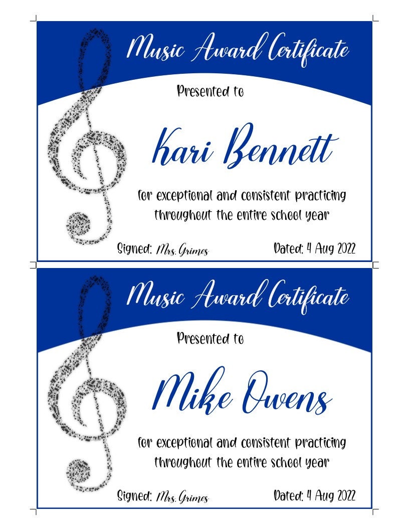 TREBLE CLEF MUSIC Award Certificate-unique Clef Sign Highlights This ...
