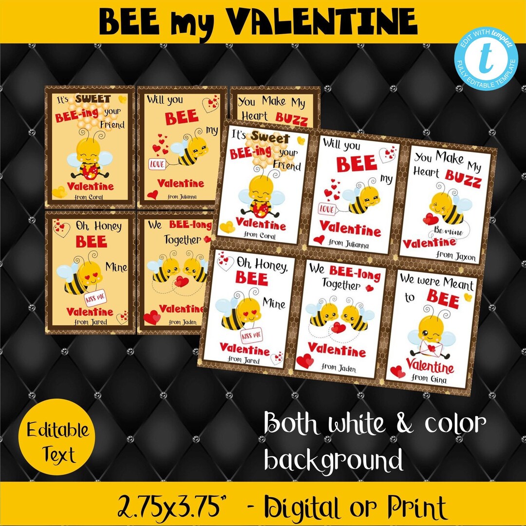 BEE VALENTINE CARD Templates for Kids-cute Bees-6 Different Designs-all ...
