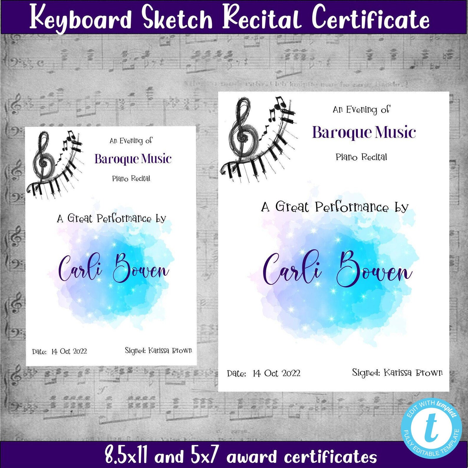 Music Recital Award Certificates-horizontal and Vertical-keyboard ...