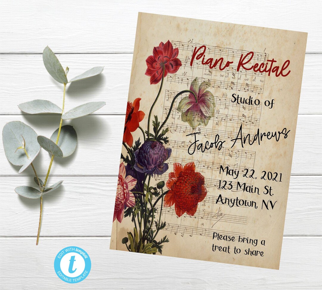 PIANO RECITAL Invitation Template-wildflowers-instant Download-editable ...