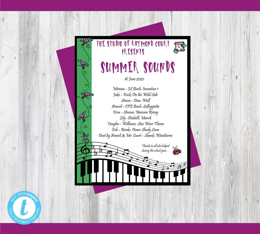 SUMMER SOUNDS Piano Recital Program Template-curving Keyboard With ...