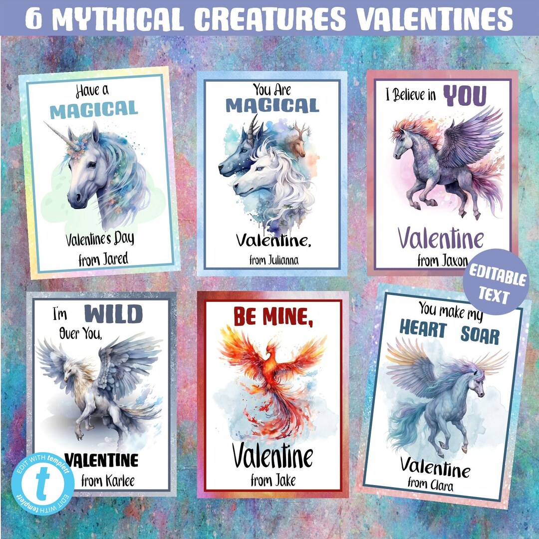 6 MAGICAL-MYSTICAL-CREATURE Valentine Templates With Editable Text-for ...