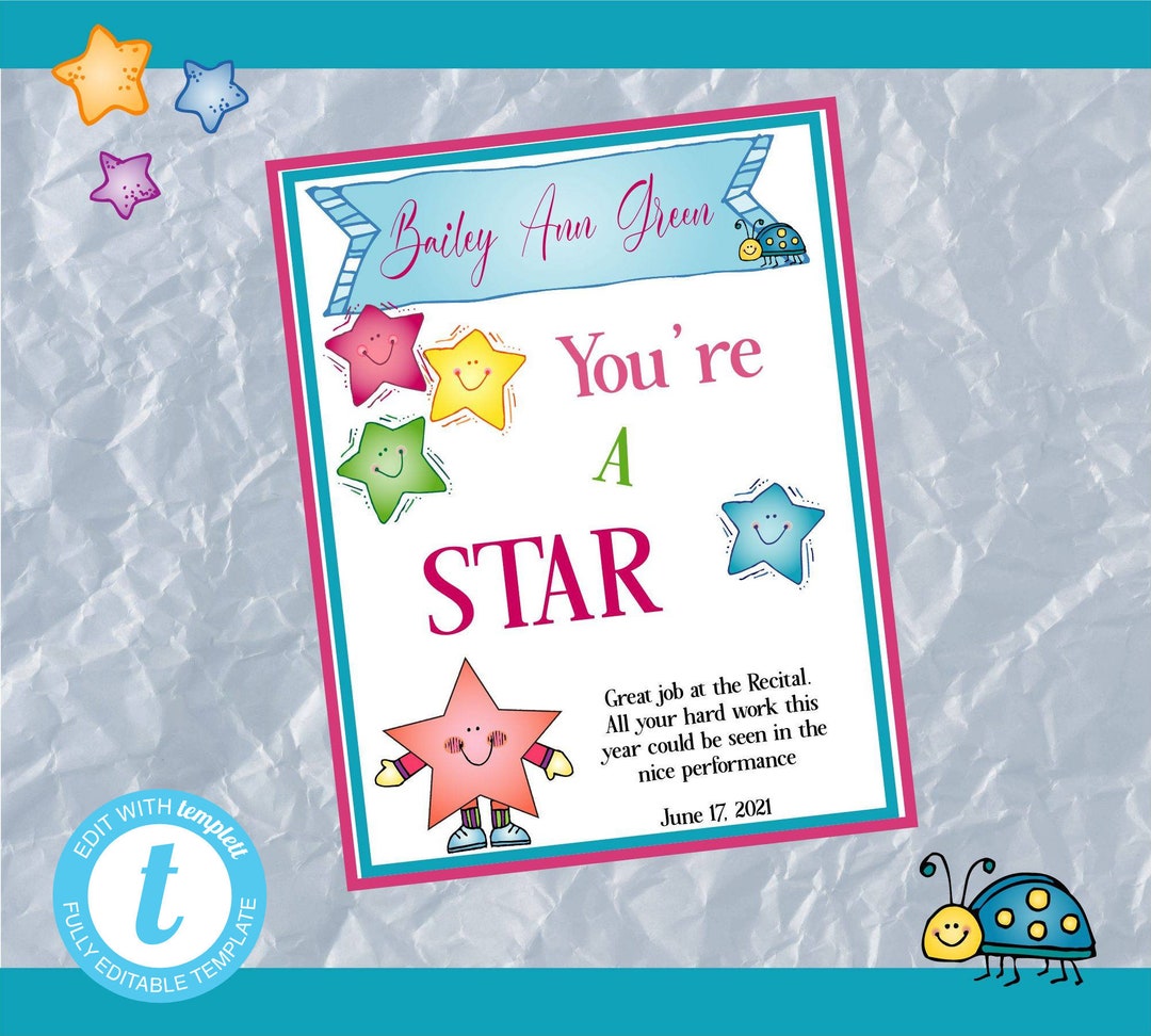 YOURE A STAR Award Certificate-classroom or Music Studio-happy Stars ...