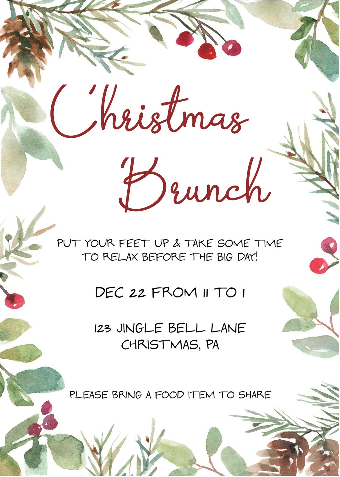 CHRISTMAS BRUNCH INVITATION Printable Template-editable Text-festive ...