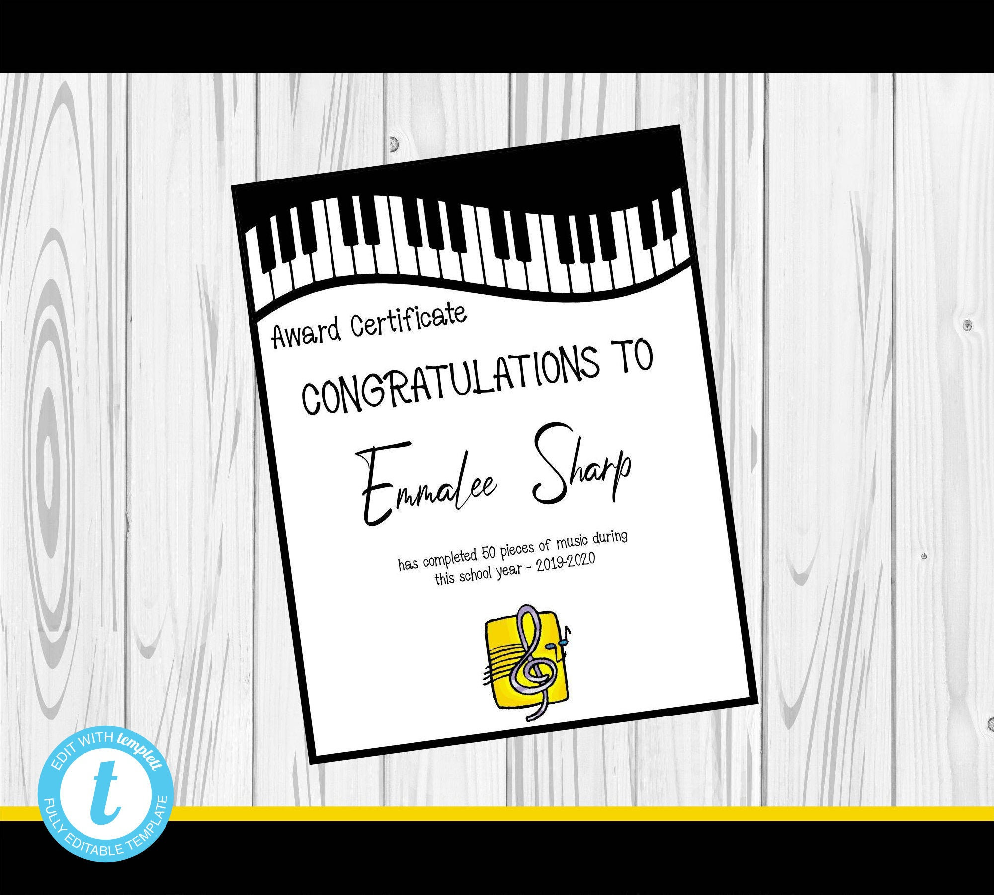 Music-piano Award Certificate Template-personalize for Each Student ...