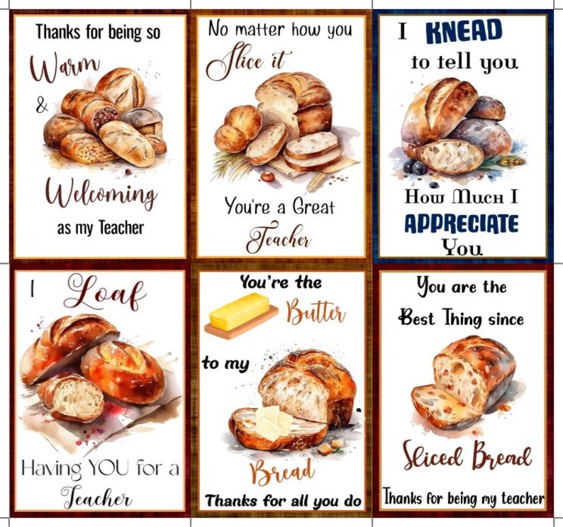 6 TEACHER APPRECIATION GIFT Tags-fun Bread Theme-pdf-jpg-sliced Bread ...