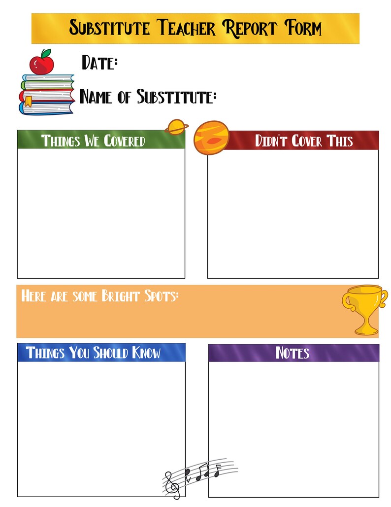 SUBSTITUTE TEACHER REPORT Printable Template for the Classroom-editable ...
