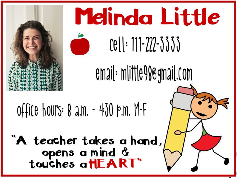 Teacher Contact Card Perfect for Contact Information for Your Students ...