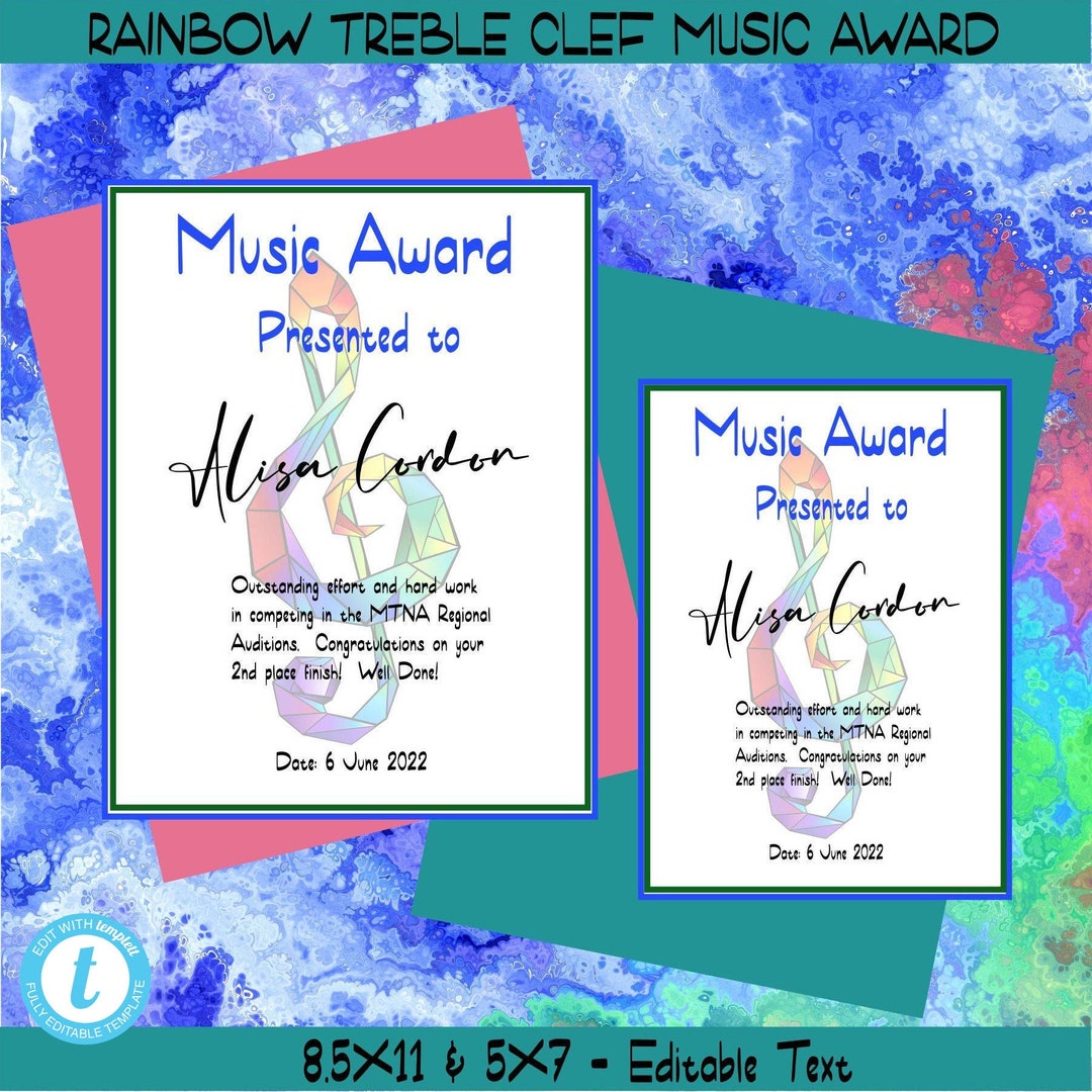 RAINBOW TREBLE CLEF Music Award Certificates in 2 Sizes-editable Text ...