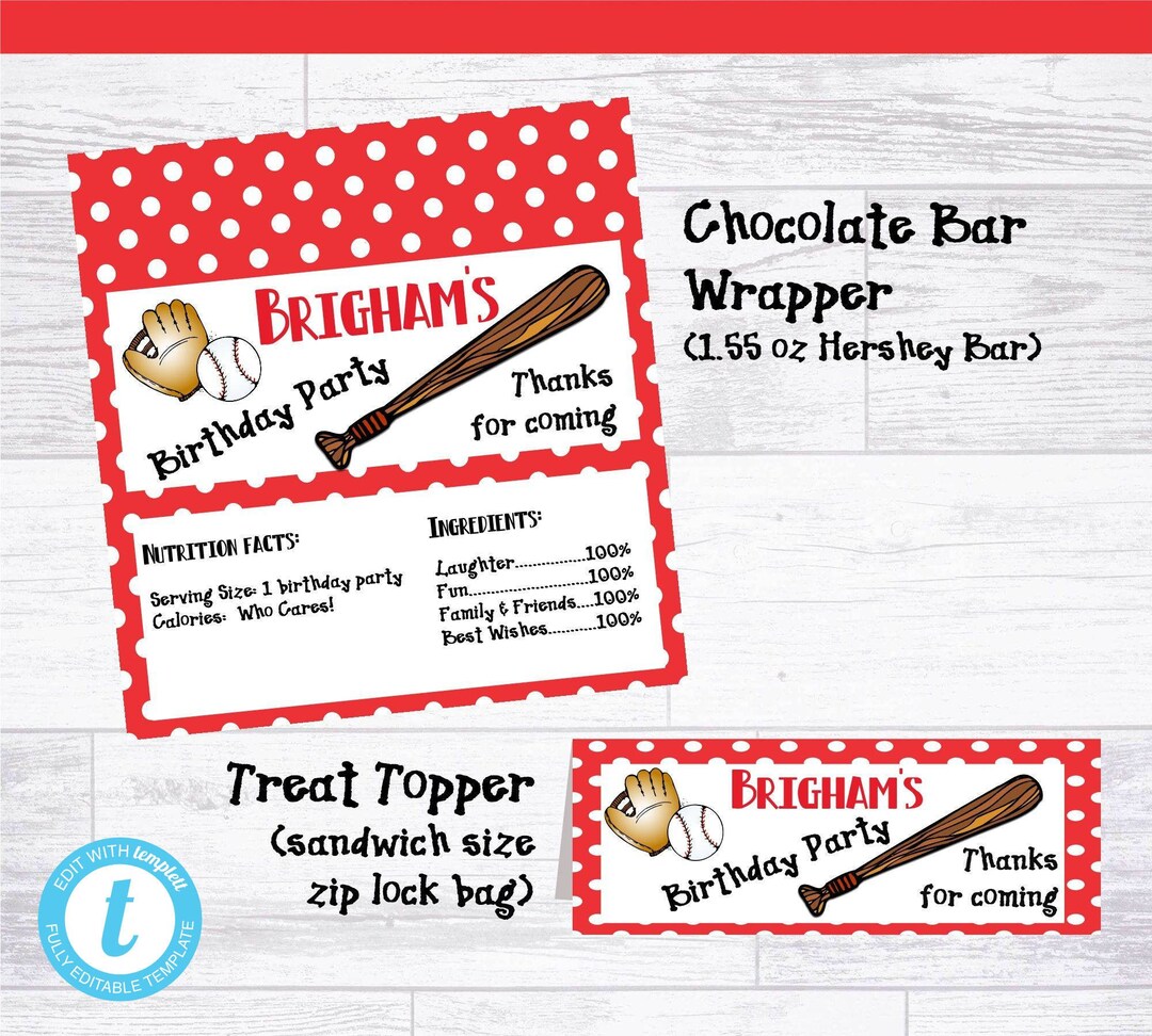 Baseball Birthday Chocolate Bar Wrapper Template-hershey Bar Wrapper ...