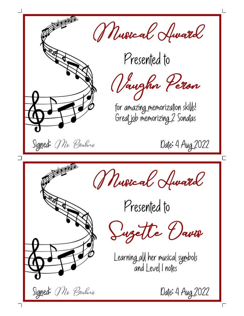 MUSIC AWARD CERTIFICATE With a Winding Treble Staff-editable Text in ...
