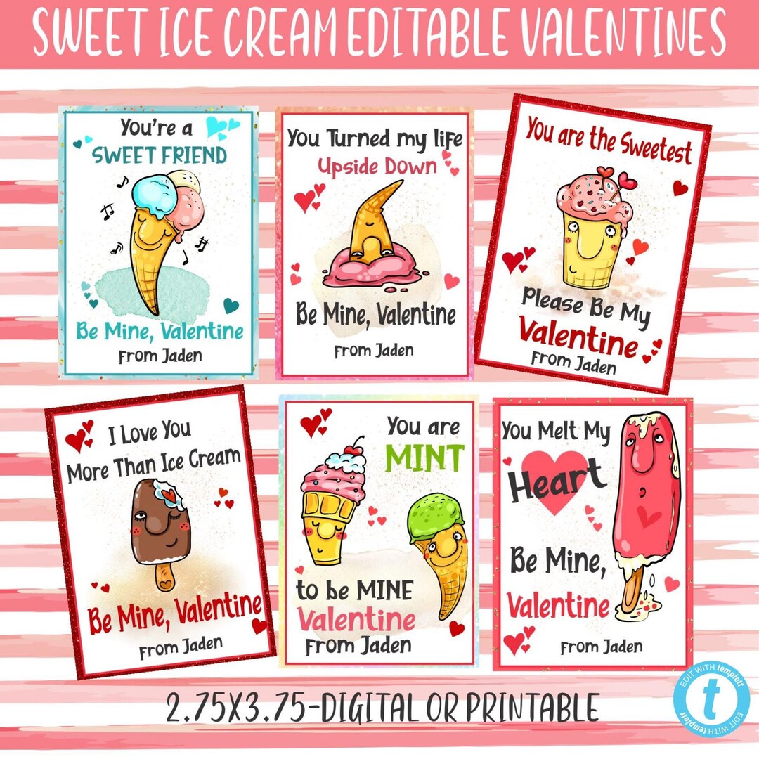 CUTE ICE CREAM Cone Valentine Templates-6 Different Designs-editable ...