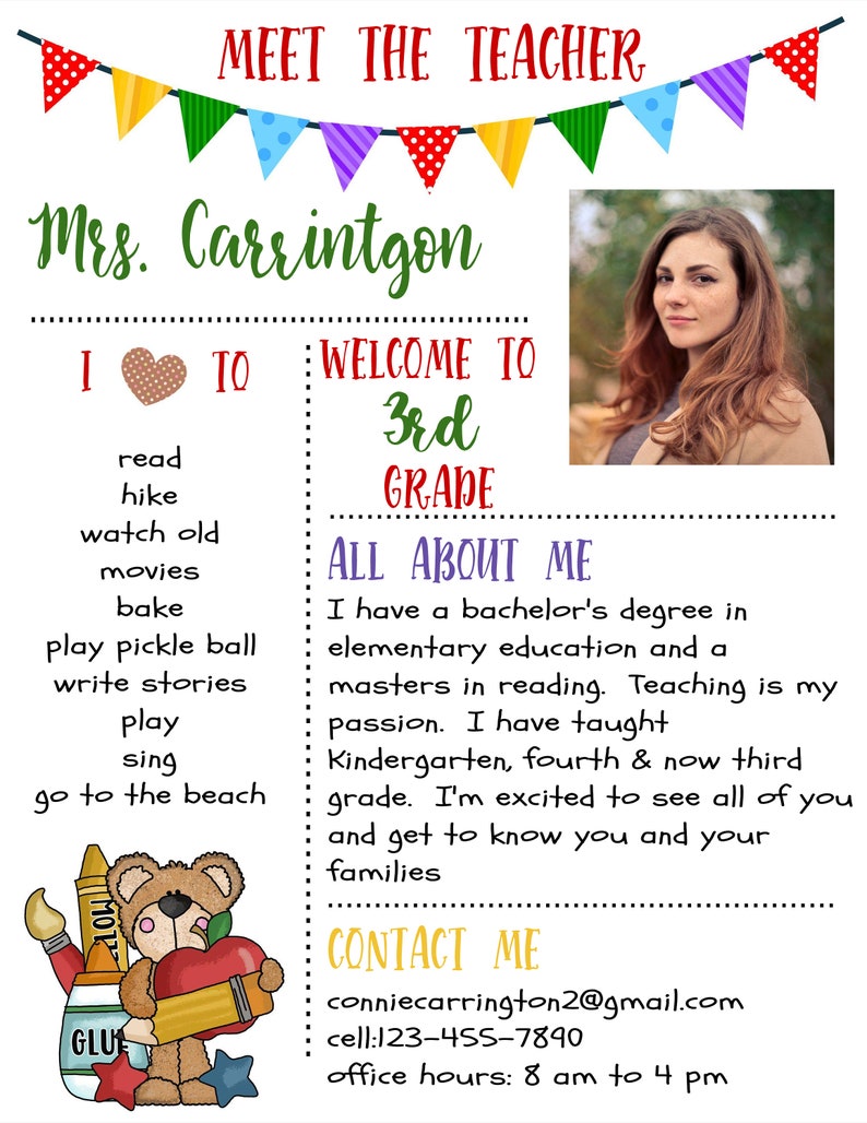 MEET THE TEACHER Template With Bonus Teacher Contact Card and a Note ...