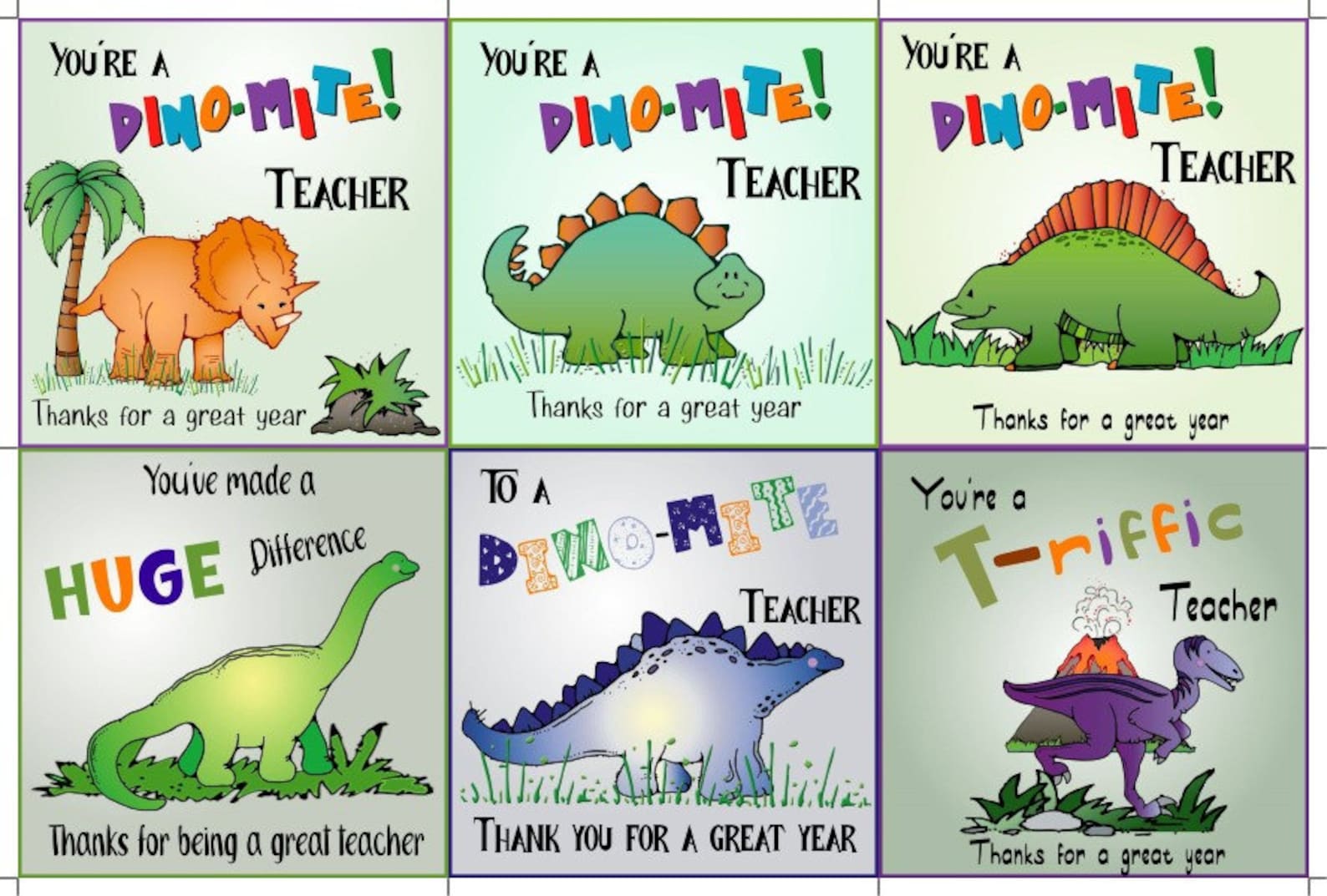 DINOSAUR TEACHER APPRECIATION Gift Tags-6 Color Designs-individual and ...