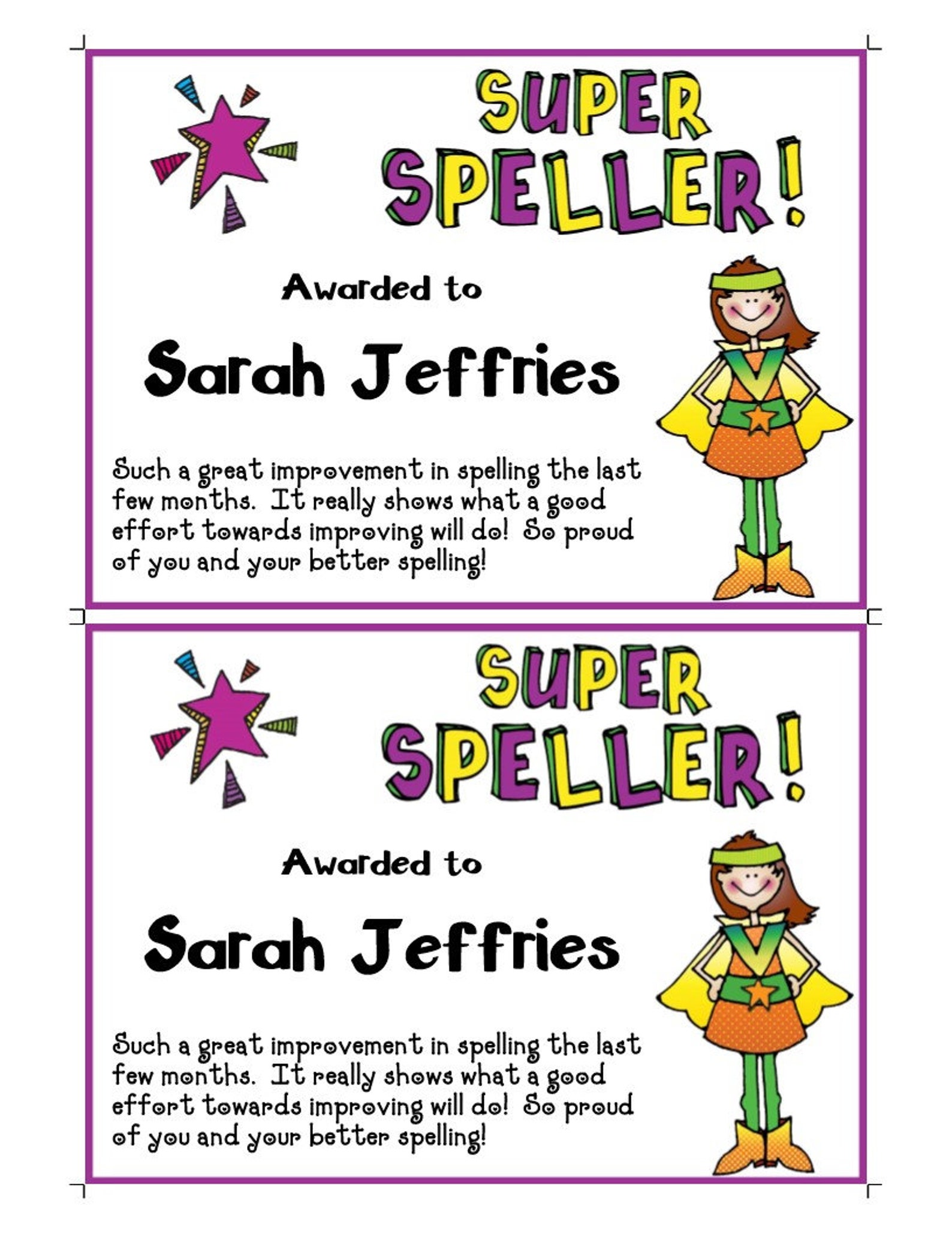 Cute Super Speller Student Award Certificate-personalize in - Etsy