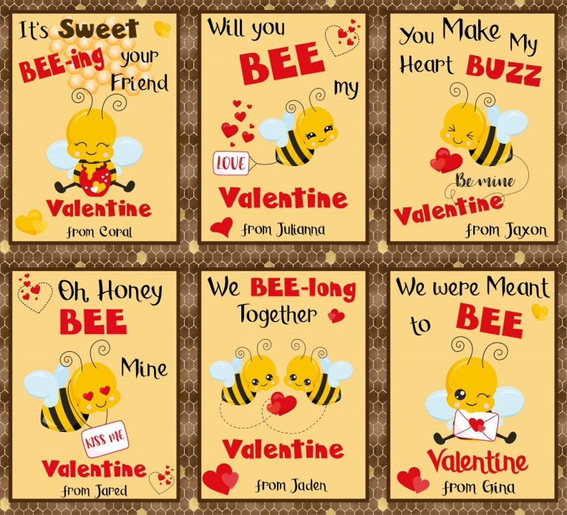BEE VALENTINE CARD Templates for Kids-cute Bees-6 Different Designs-all ...