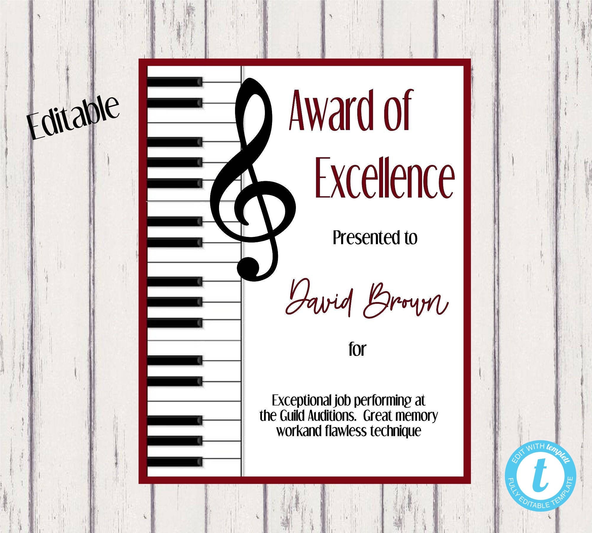 Music-piano Award Certificate Template-personalize for Each Student ...