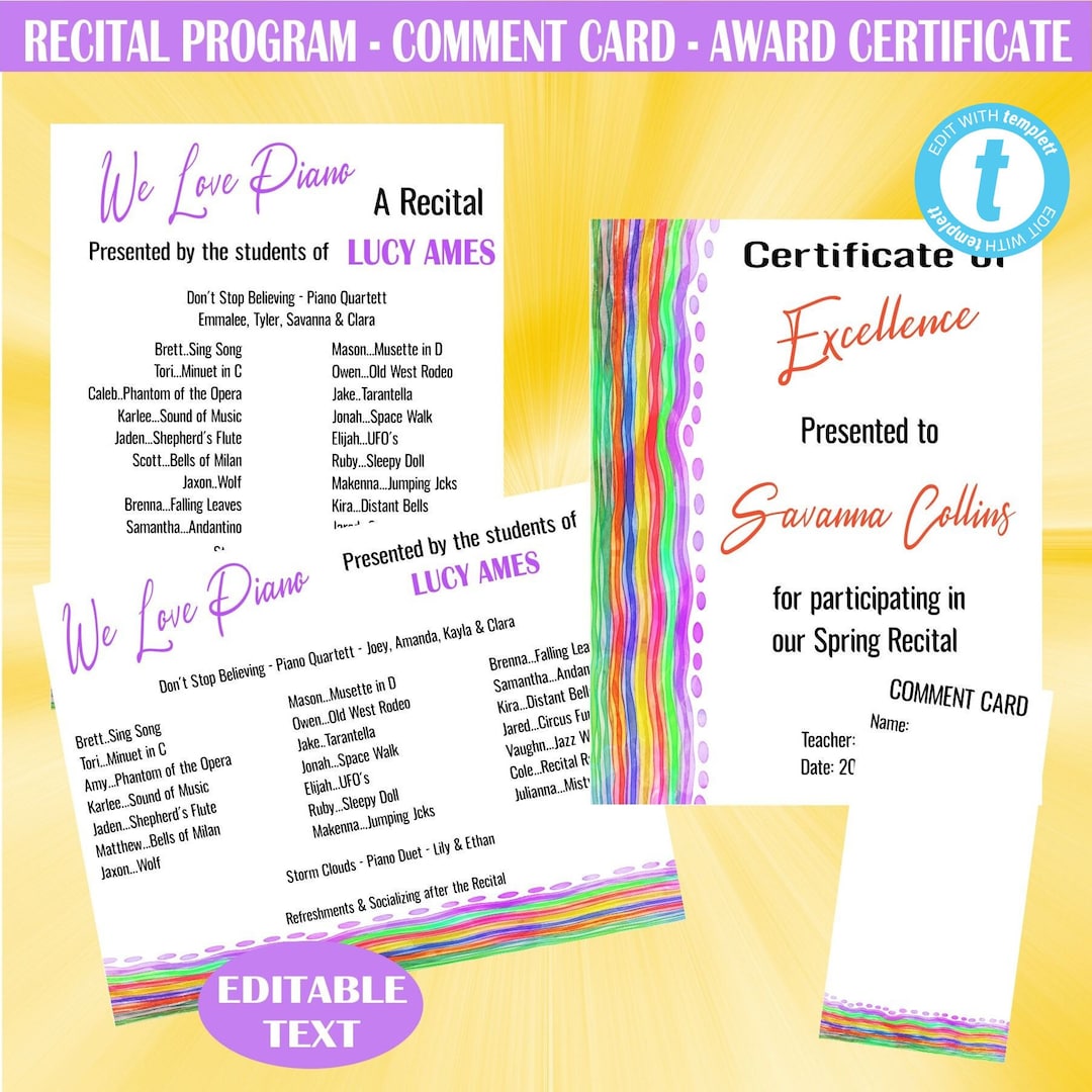 RECITAL Program-comment Card-award Certificate Bright & Colorful With ...