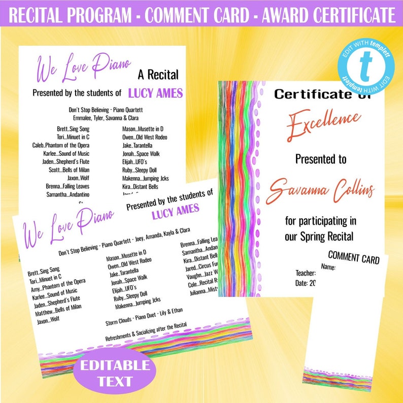 RECITAL Program-comment Card-award Certificate Bright & Colorful With ...