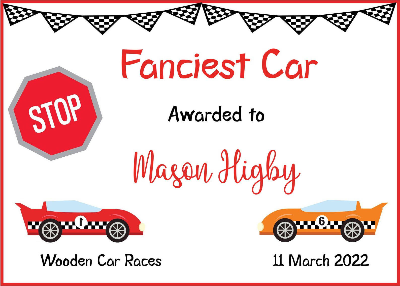 WOODEN CAR RACE Award Certificates-5 Different Designs-use All or One ...