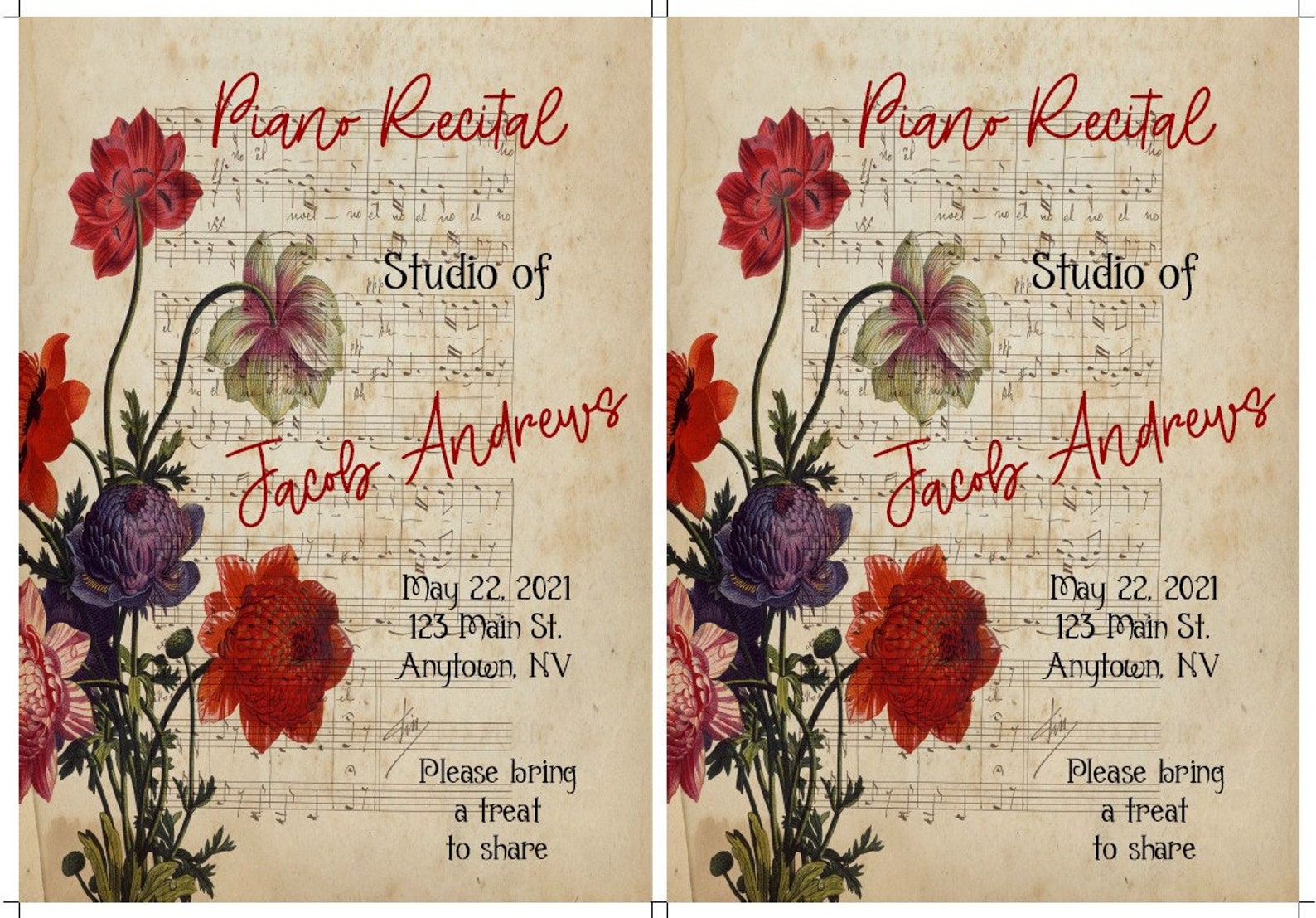 PIANO RECITAL Invitation Template-wildflowers-instant Download-editable ...