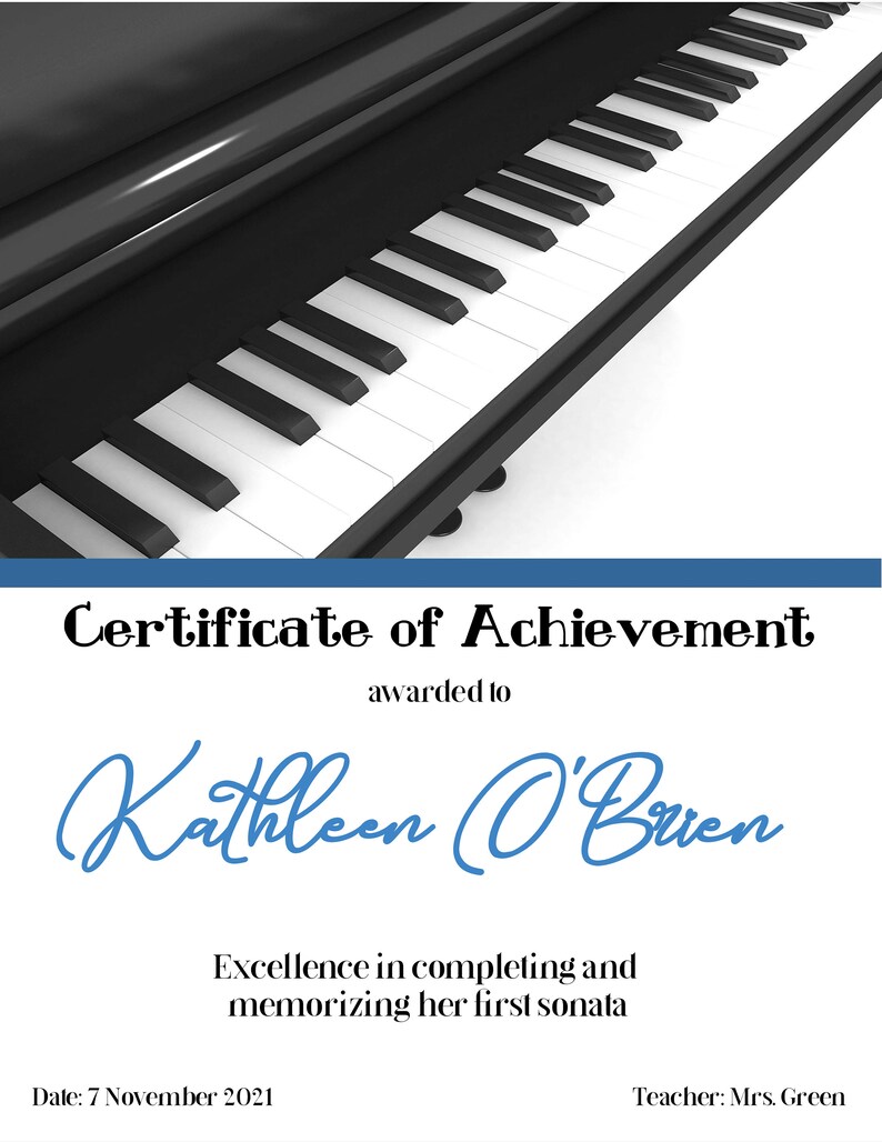 Piano Keyboard Award Certificate-with Blue Highlights-personalize Award ...