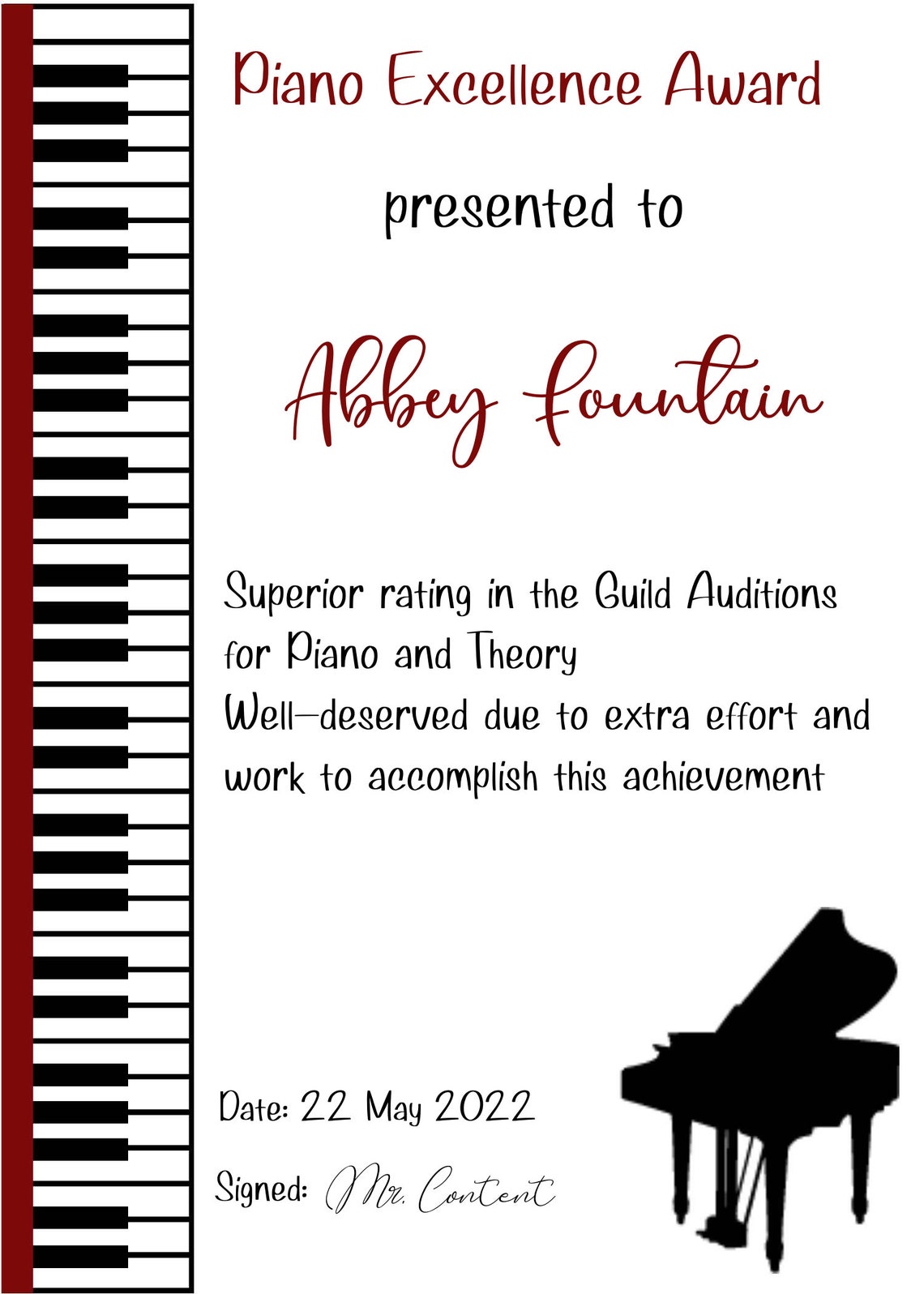 PIANO SILHOUETTE Music Award Certificate With Vertical Piano Keyboard ...