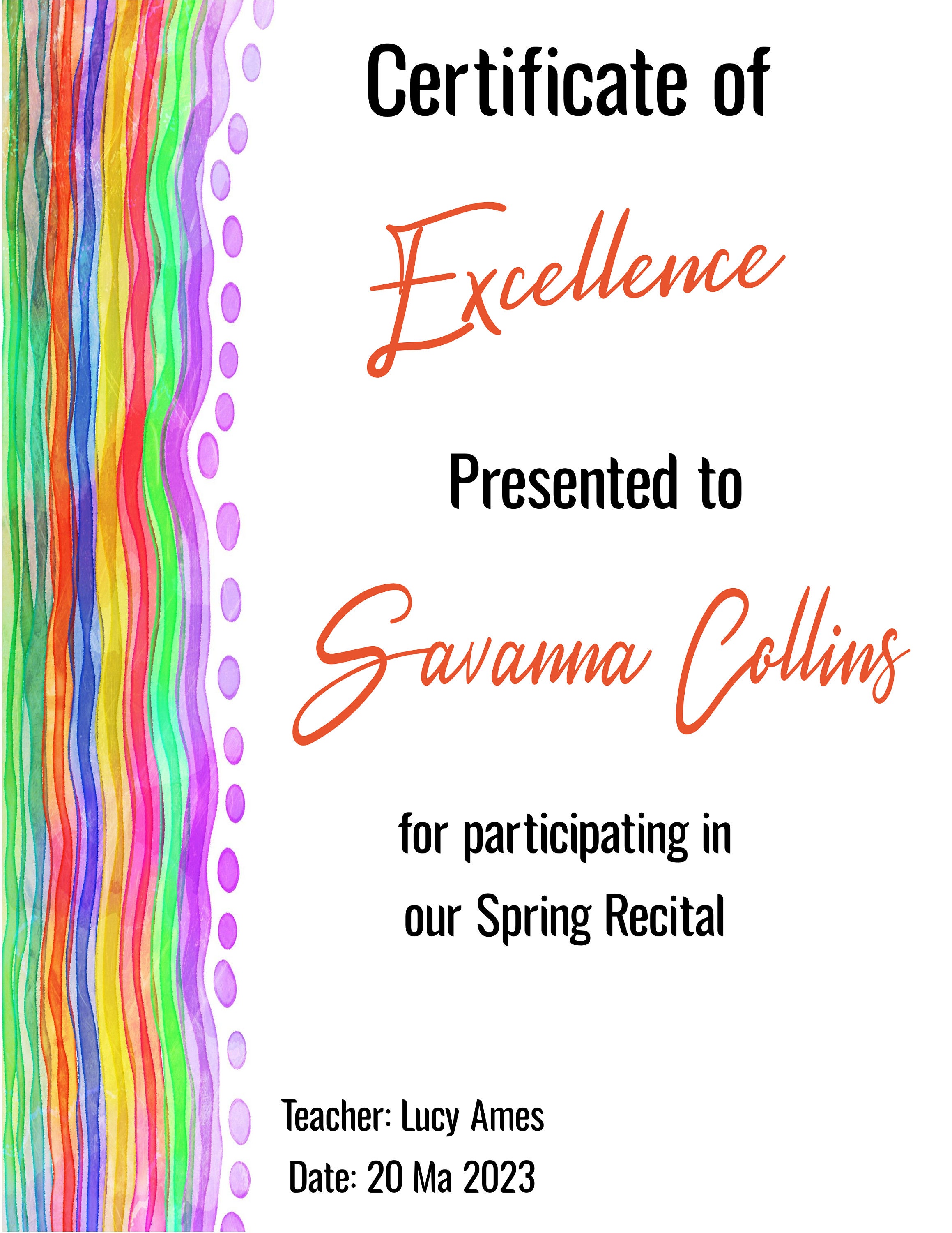 RECITAL Program-comment Card-award Certificate- Bright & Colorful With ...