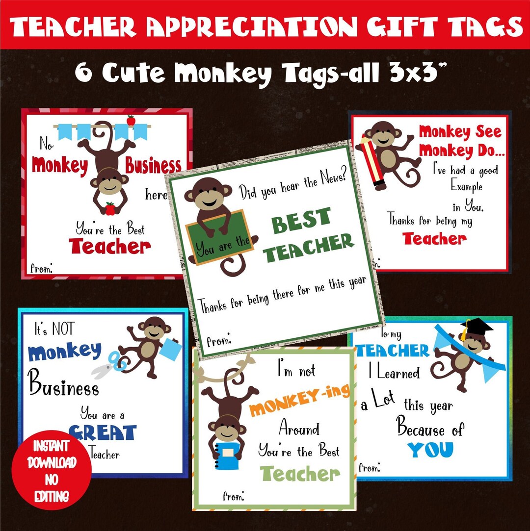 TEACHER APPRECIATION Gift Tags With Cute Monkeys Doing Cute Things to ...