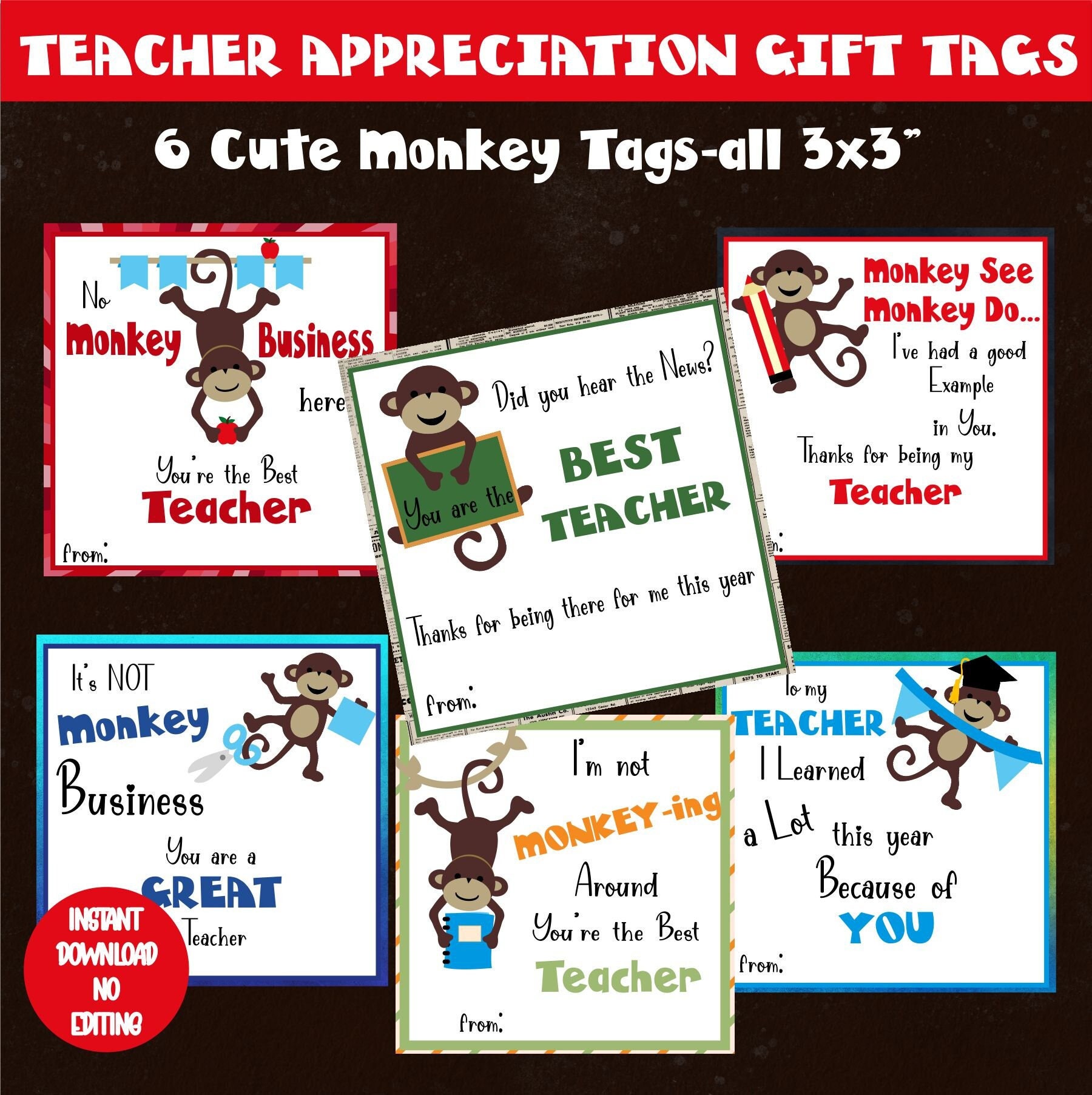 TEACHER APPRECIATION Gift Tags With Cute Monkeys Doing Cute Things to ...