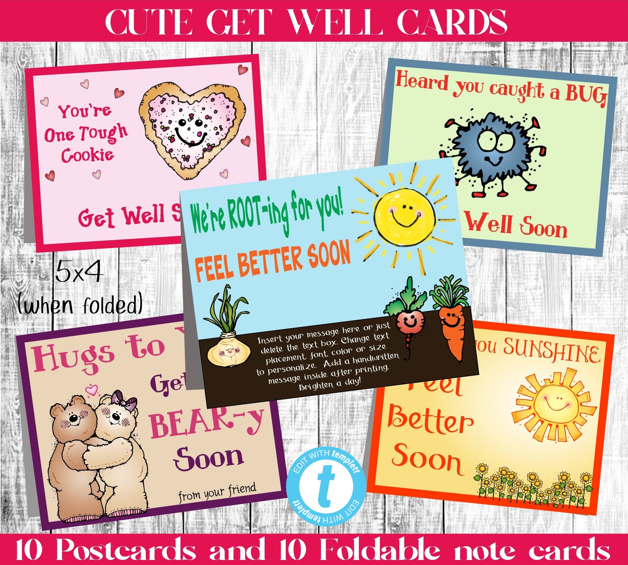 20 Cute GET WELL CARD Templates-foldable Notecard-postcard-editable ...