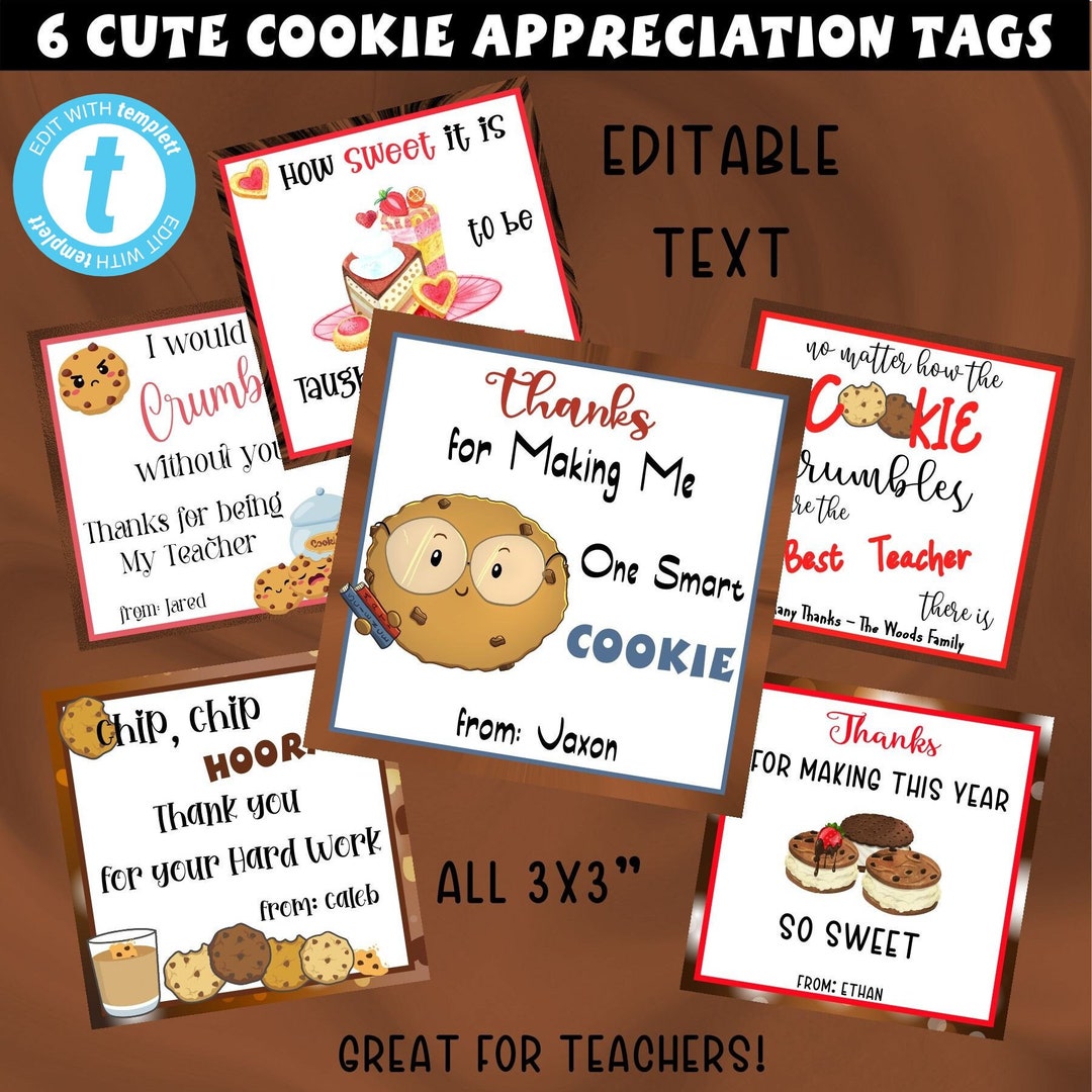 Cookie Appreciation Gift Tags: Editable Teacher Thank You (digital ...