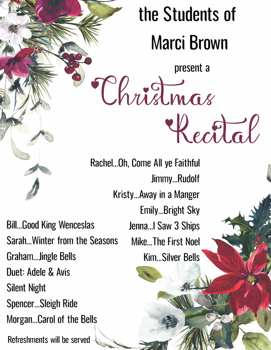 CHRISTMAS RECITAL PROGRAM and Comment Card-pretty Poinsettia Frame ...