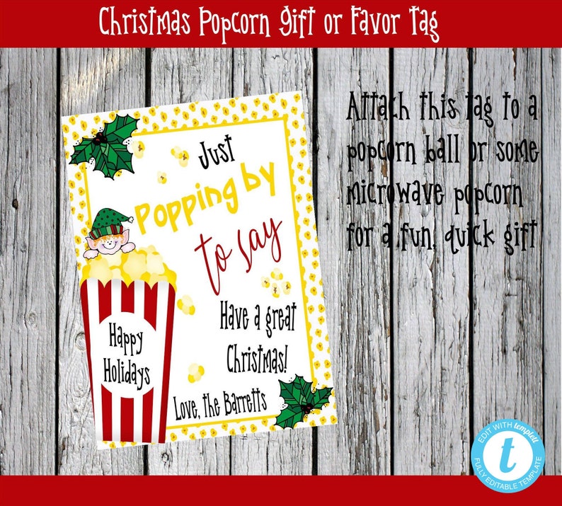 CHRISTMAS POPCORN GIFT Tag Template Fun Tag for a Holiday - Etsy