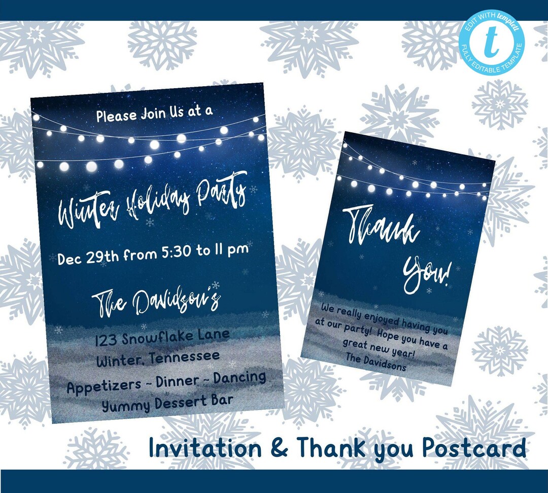 MIDNIGHT BLUE Holiday Party Invitation-glowing White Lights-editable ...