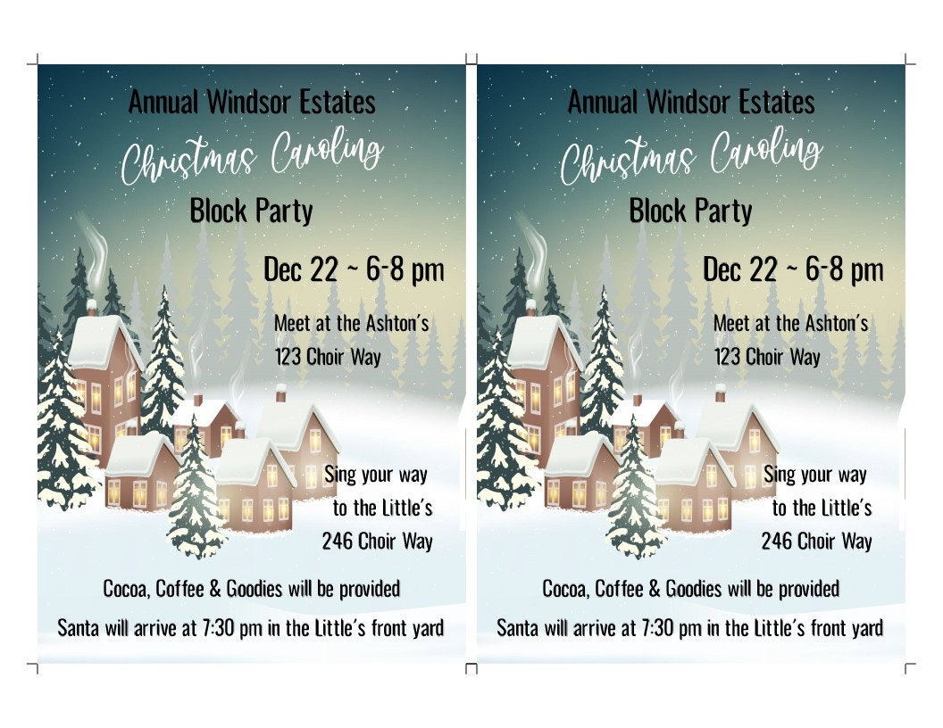 CHRISTMAS CAROLING Flyer-soft Muted Tones-snow-trees and a Village of ...