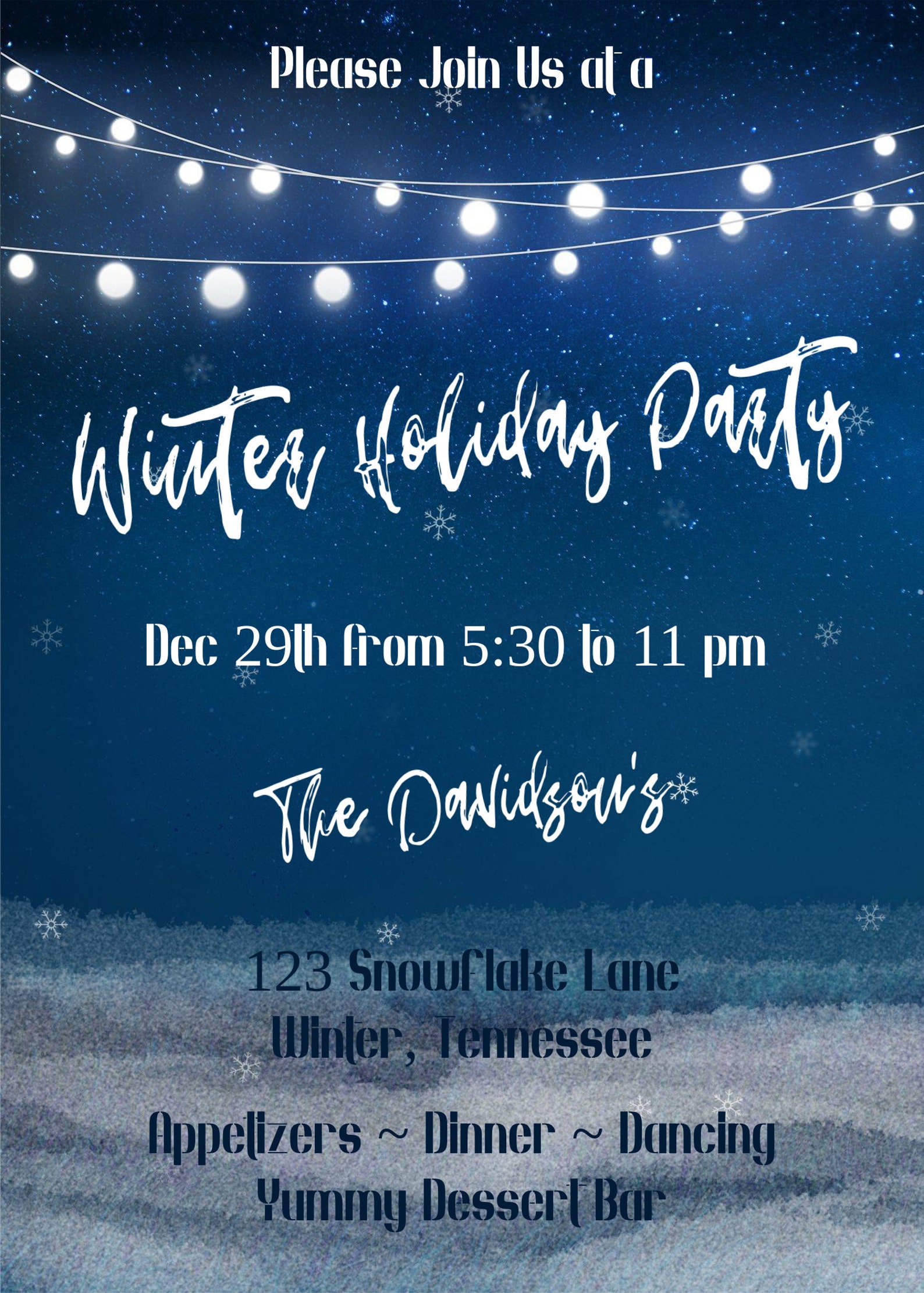 MIDNIGHT BLUE Holiday Party Invitation-glowing White Lights-editable ...