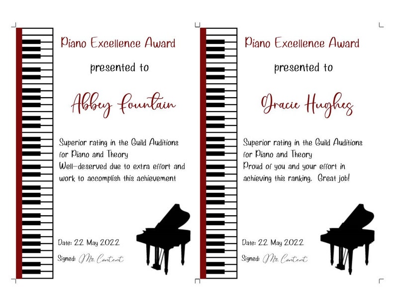 PIANO SILHOUETTE Music Award Certificate With Vertical Piano Keyboard ...