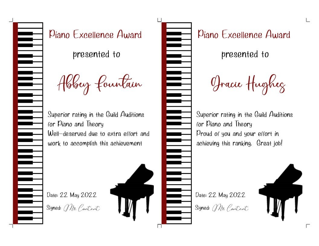 PIANO SILHOUETTE Music Award Certificate With Vertical Piano Keyboard ...