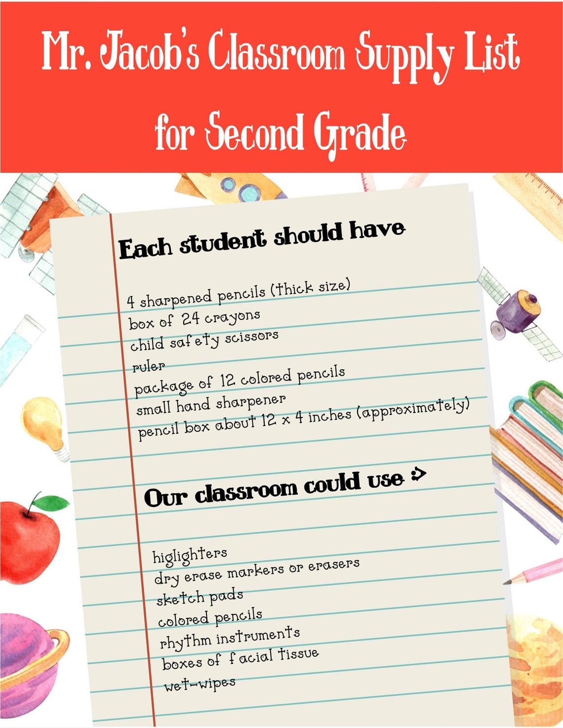 Classroom Supply List for Teachers notebook Paper Themed Template Helps ...