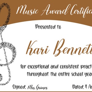 TREBLE CLEF MUSIC Award Certificate-unique Clef Sign Highlights This ...