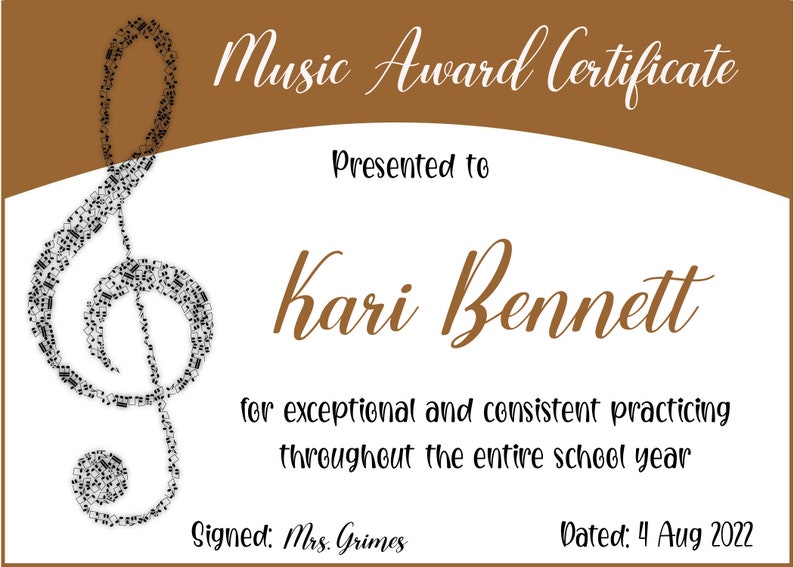 TREBLE CLEF MUSIC Award Certificate-unique Clef Sign Highlights This ...