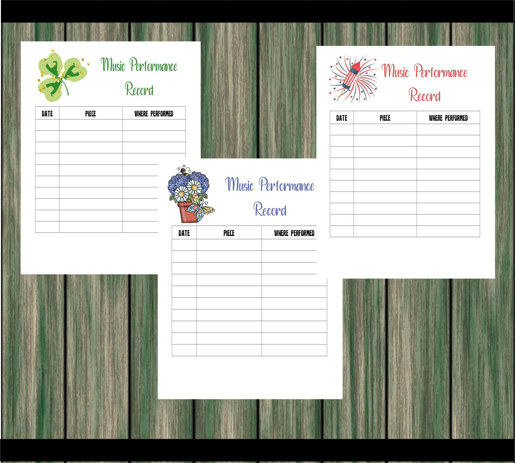 MUSIC PERFORMANCE RECORD Templates With Calendar Theme-12 Different ...