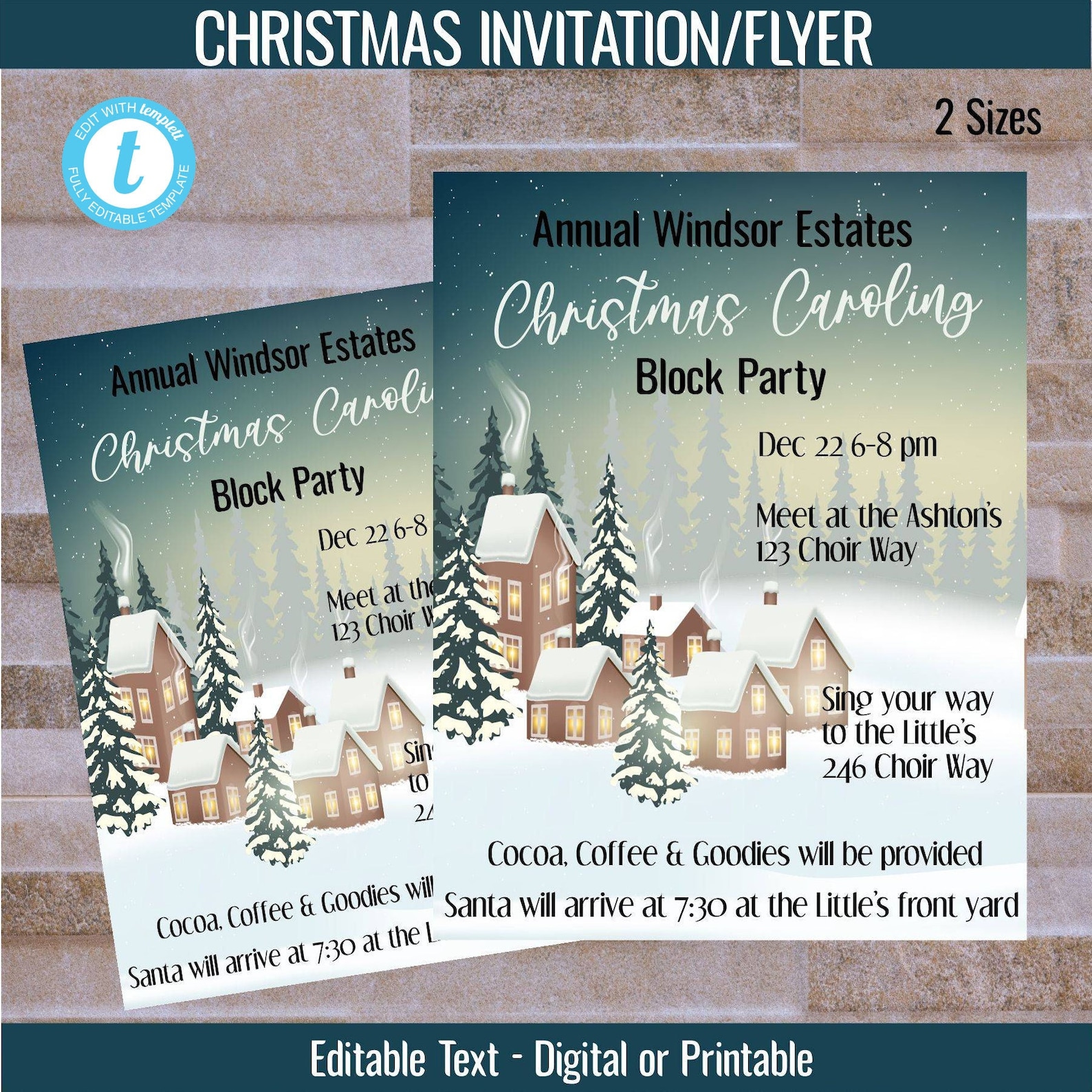 CHRISTMAS CAROLING Flyer-soft Muted Tones-snow-trees and a Village of ...