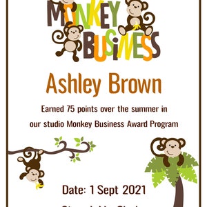 Monkeying Around Award Certificate-bookmark-sign and Instructions for ...