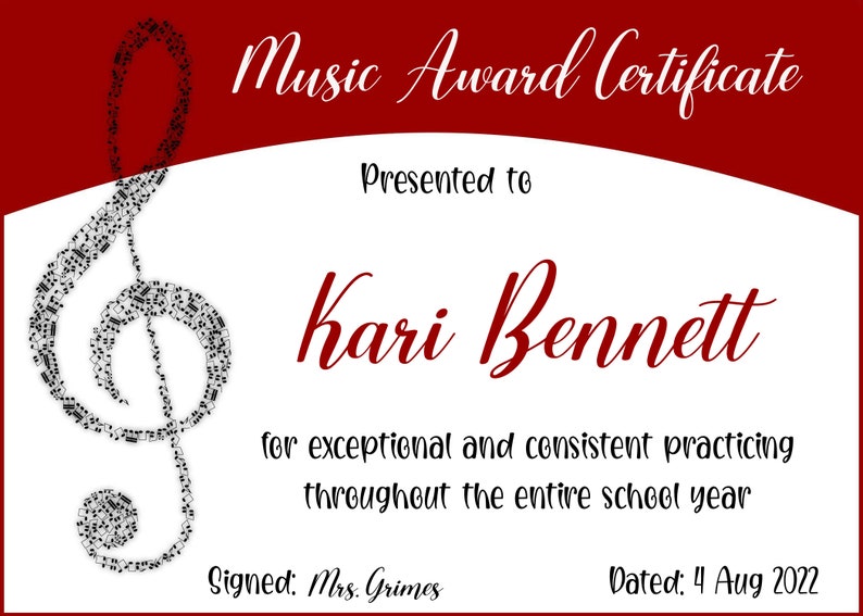 TREBLE CLEF MUSIC Award Certificate-unique Clef Sign Highlights This ...