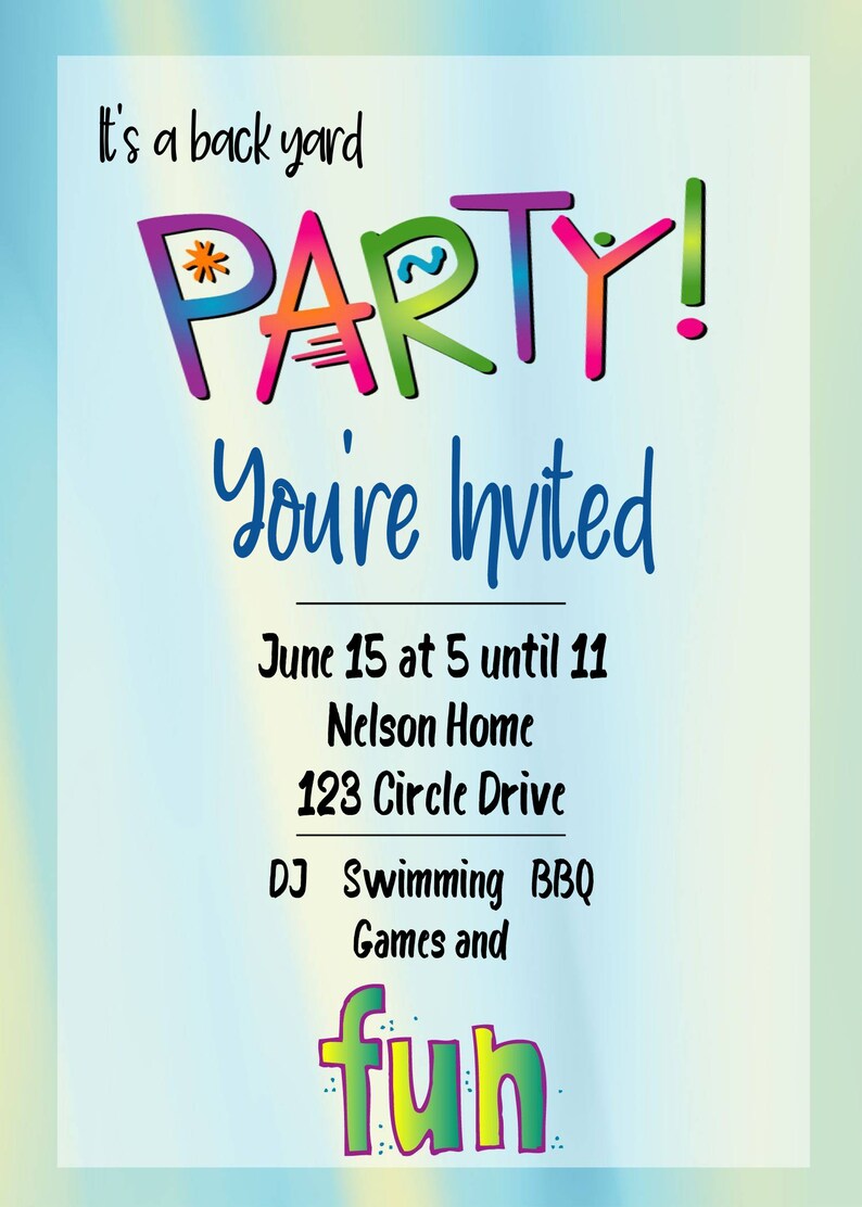 PARTY INVITATION for Back Yard Party-fun and Inviting Editable and ...