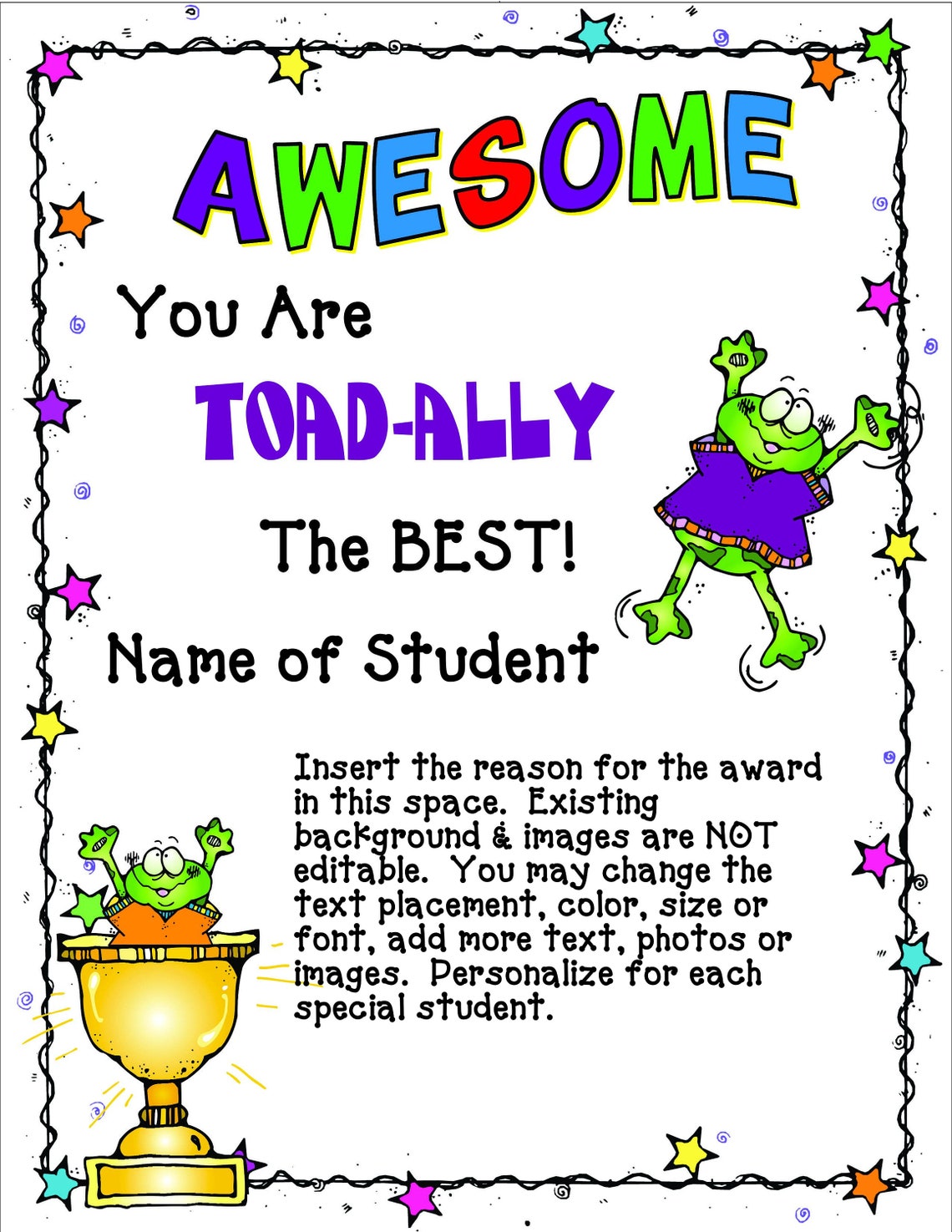 Toad-ally Awesome Award Certificate Templates-all Editable in Templett ...